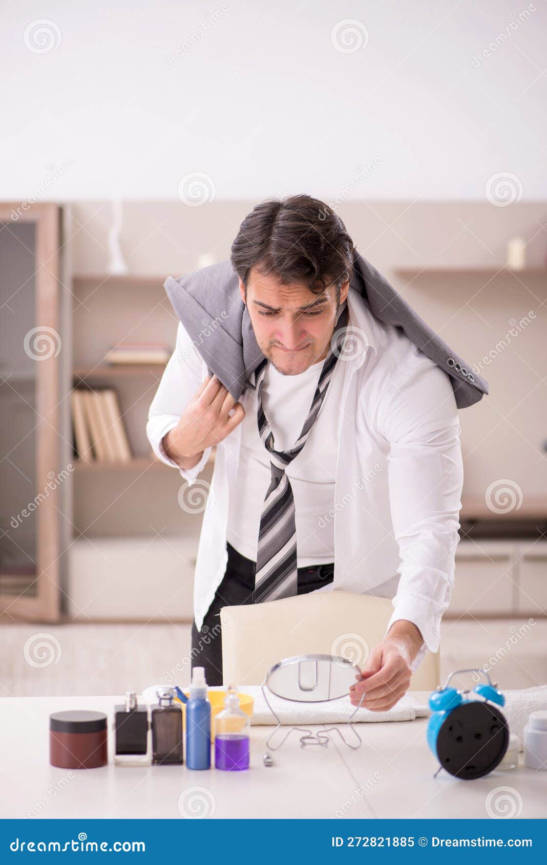 Young Male Employee Getting Up Late at Home Stock Image - Image of ...