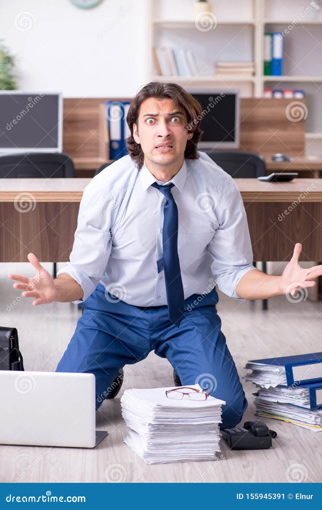 Young Male Employee and Too Many Work in the Office Stock Image - Image ...