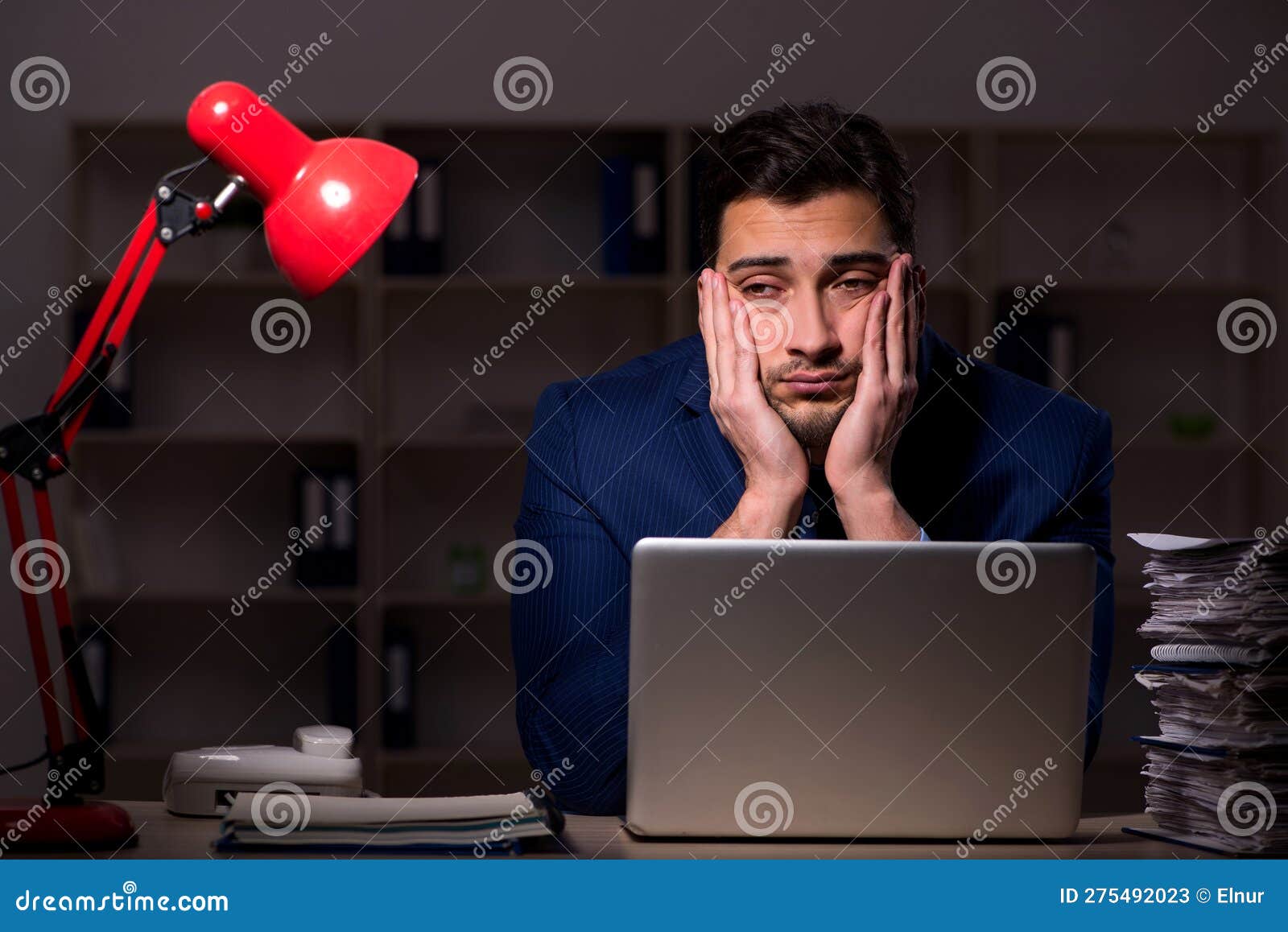 Young Male Employee Working Late in the Office Stock Image - Image of ...
