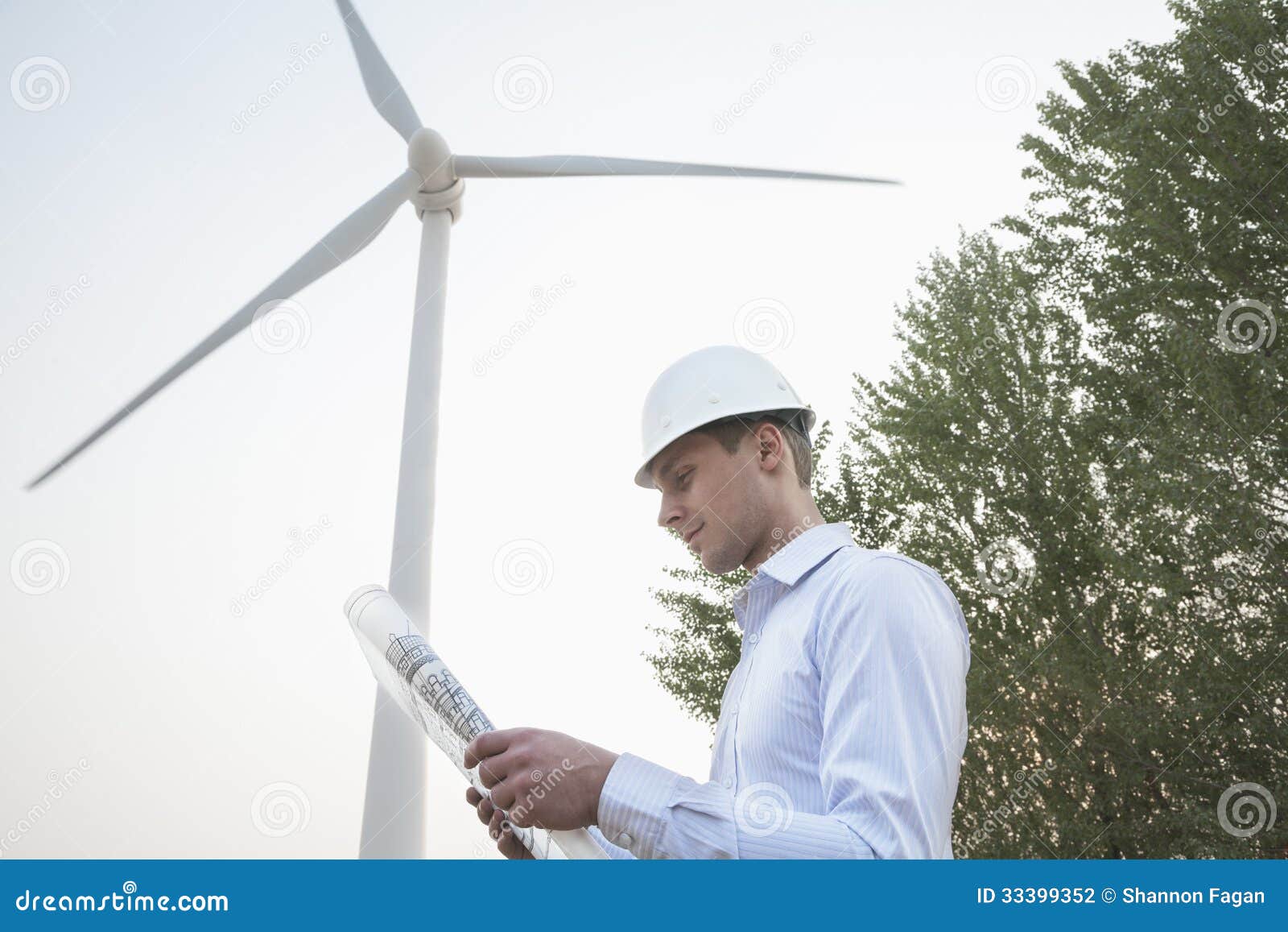 Young Male Engineer in a Hardhat Looking Down at a Blueprint in Front ...