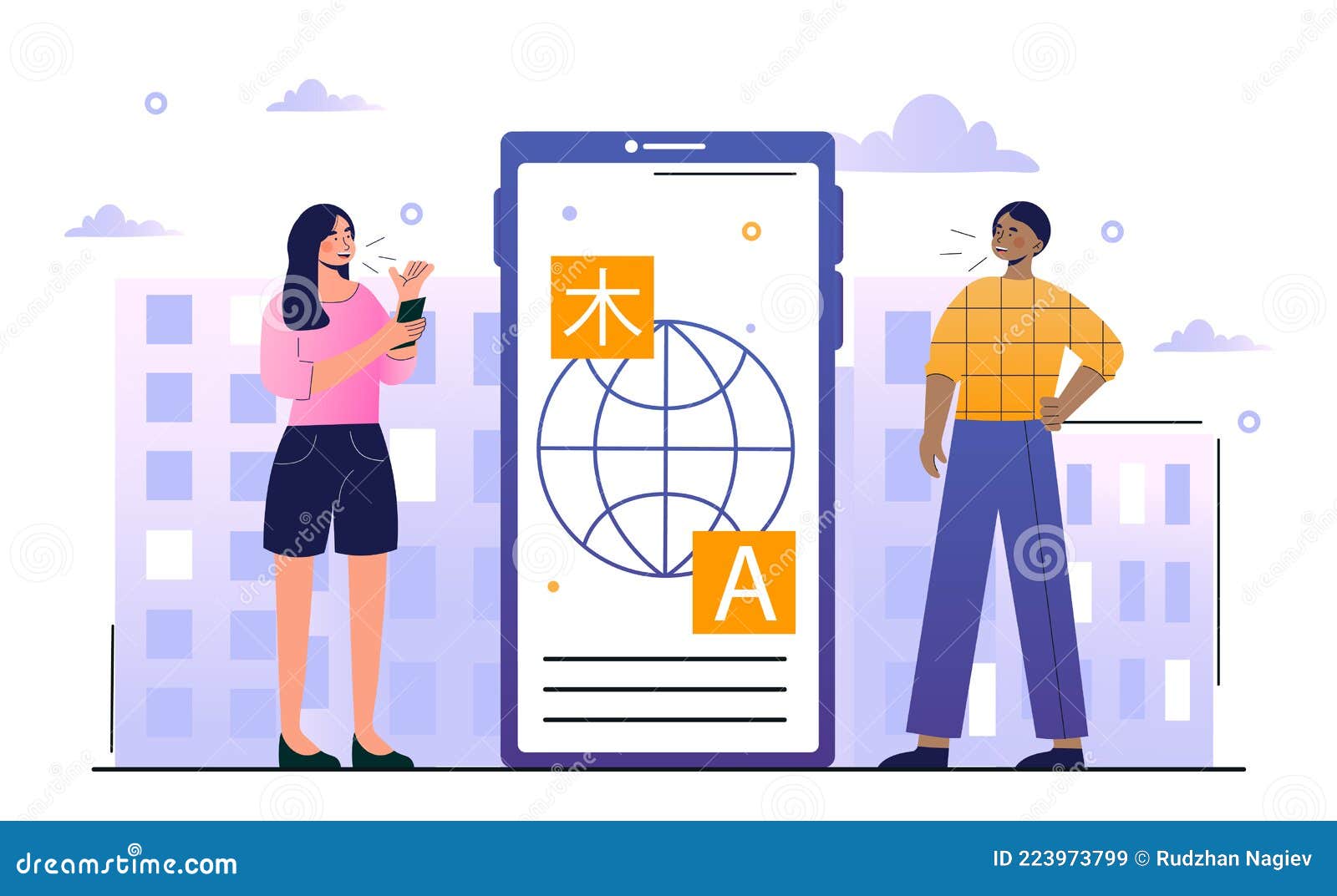 Young Male And Female Characters Are Using Online Translator Mobile