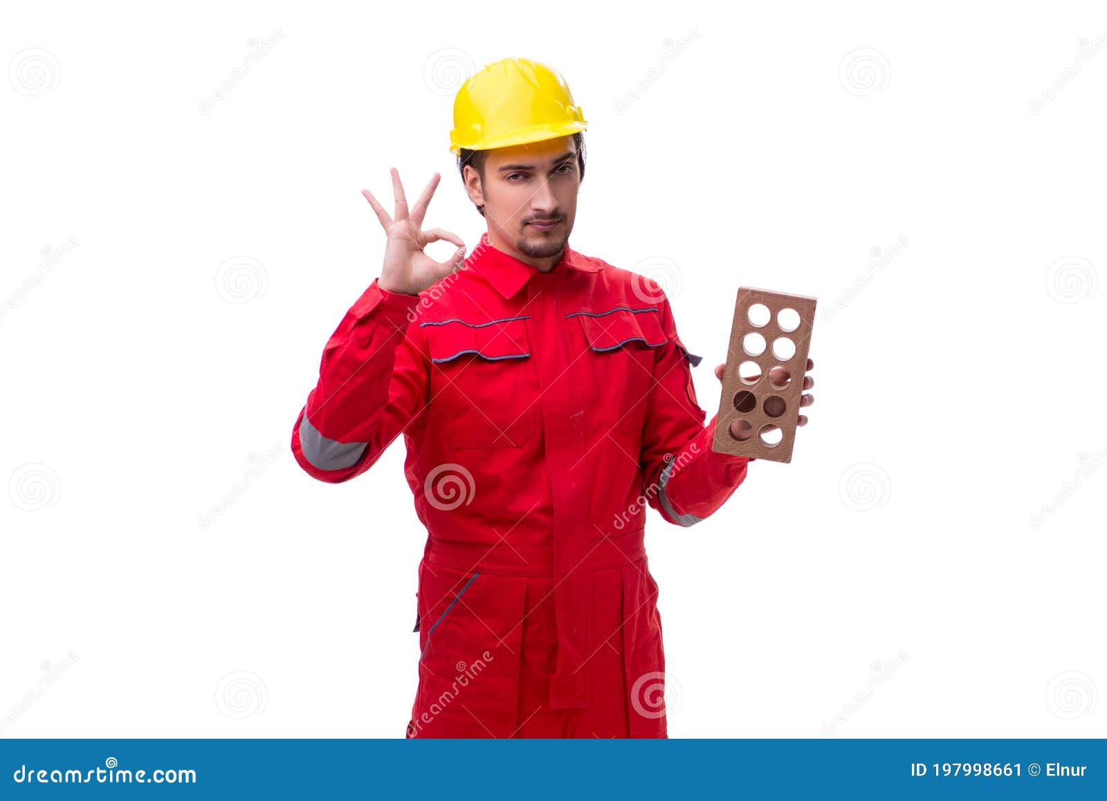 Young Male Mason with Brick Isolated on White Stock Image - Image of ...