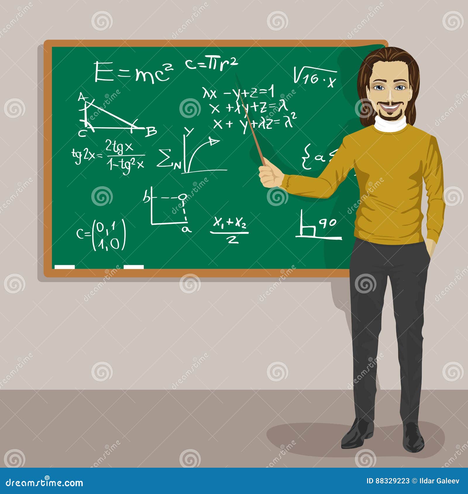 Young Math Man Teacher Standing At The Blackboard And Explaining ...