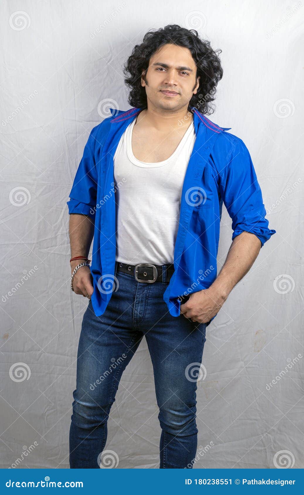 Young Male Model Wearing Blue Shirt Stock Image - Image of side, blue ...