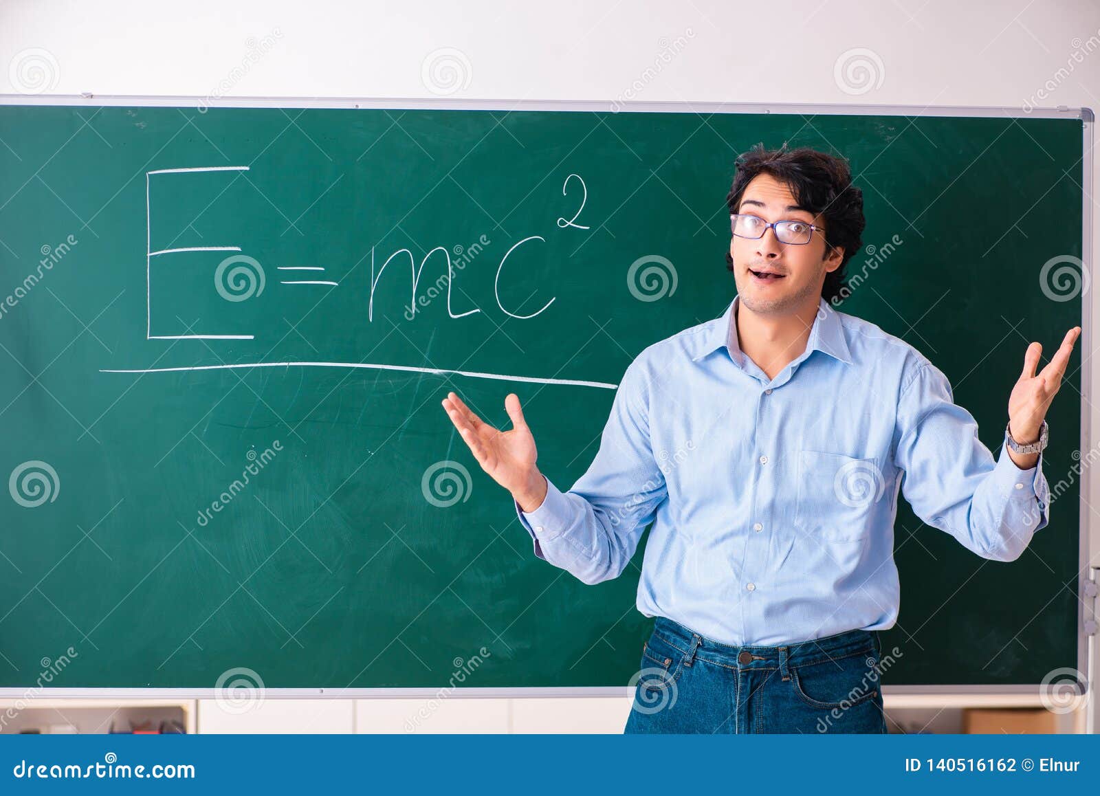 The Young Male Physic Standing in Front of the Green Board Stock Photo ...
