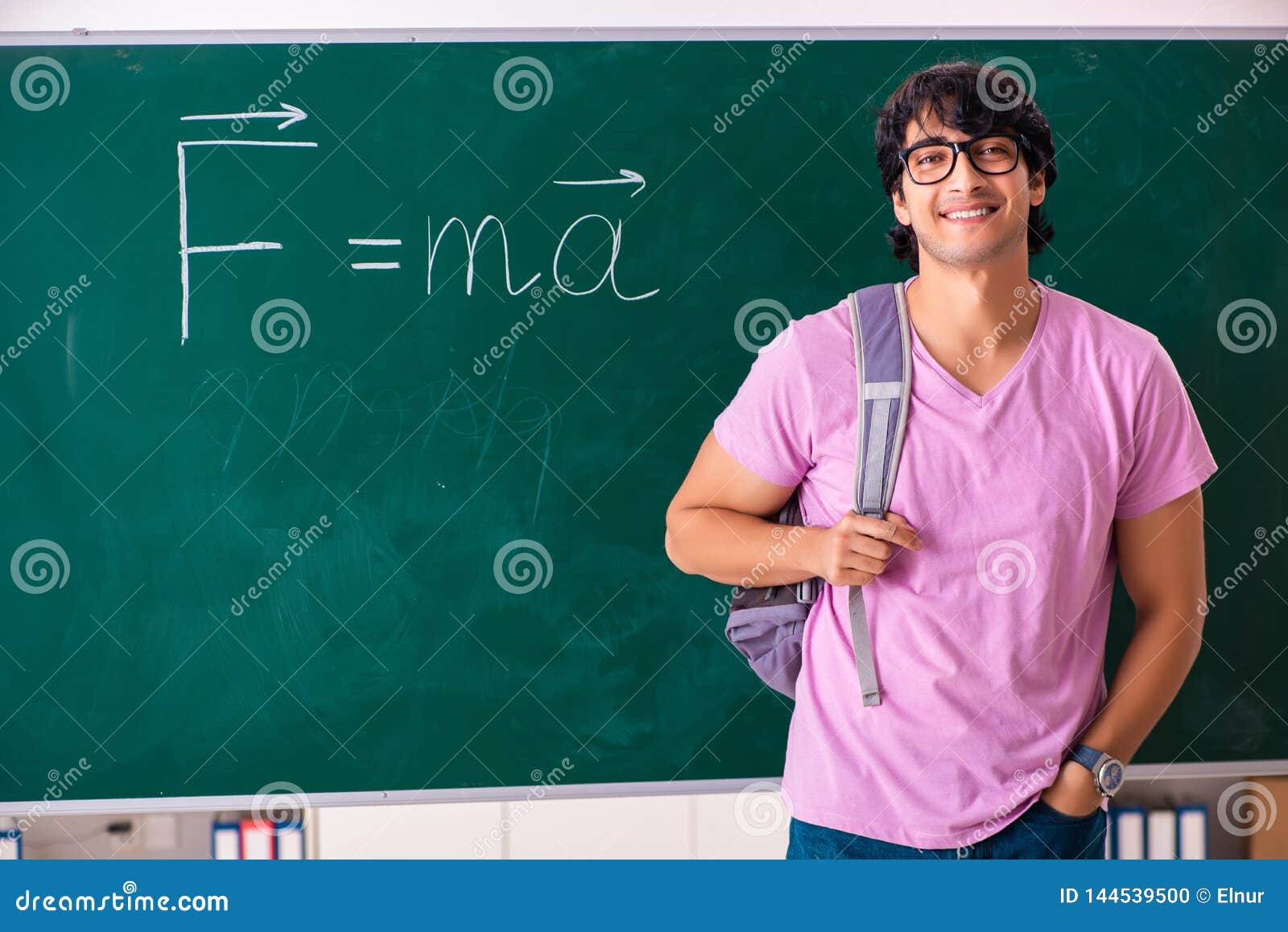 The Young Male Physic Standing in Front of the Green Board Stock Photo ...