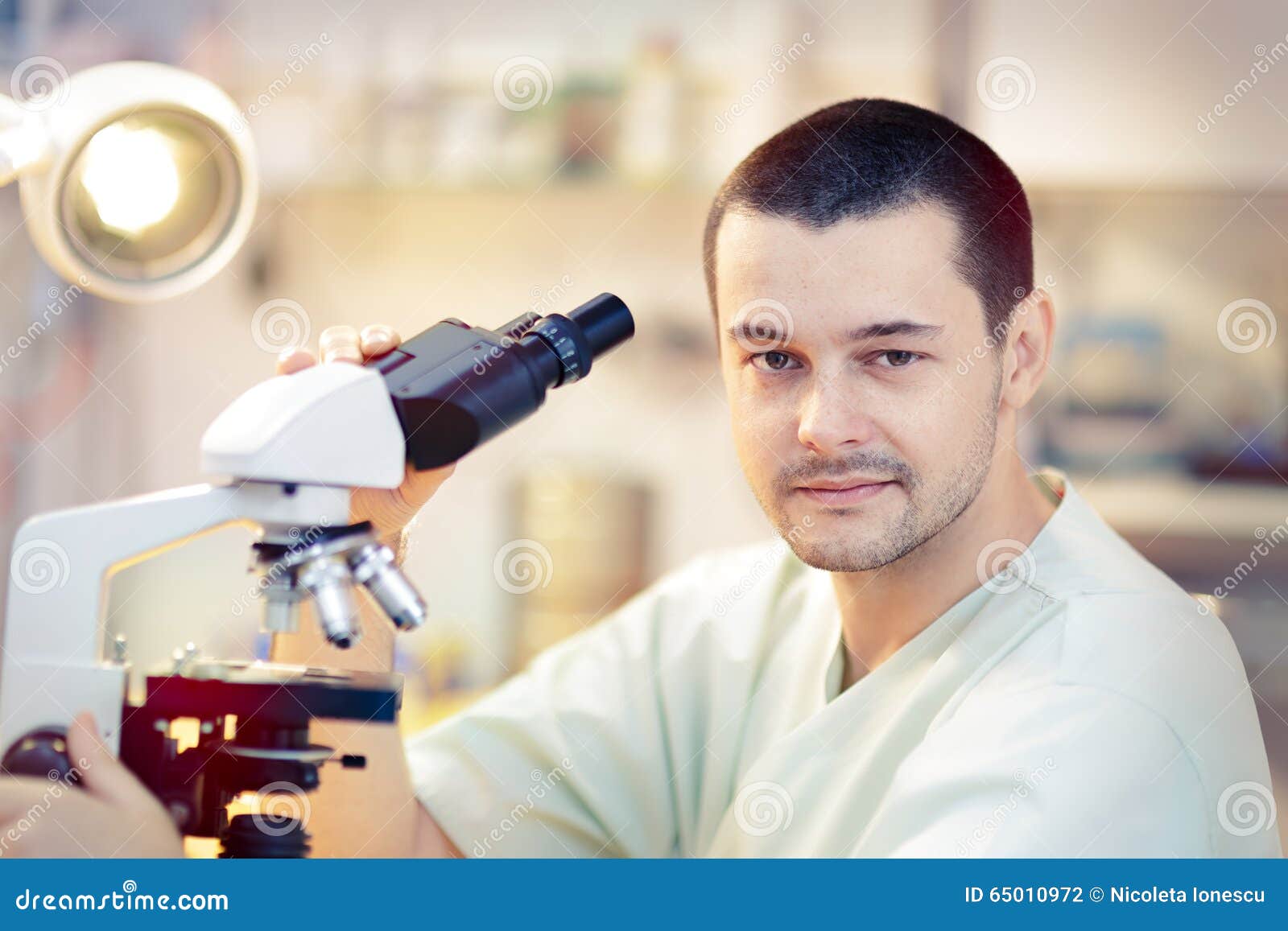 Young Male Scientist with Microscope Stock Photo - Image of expert ...
