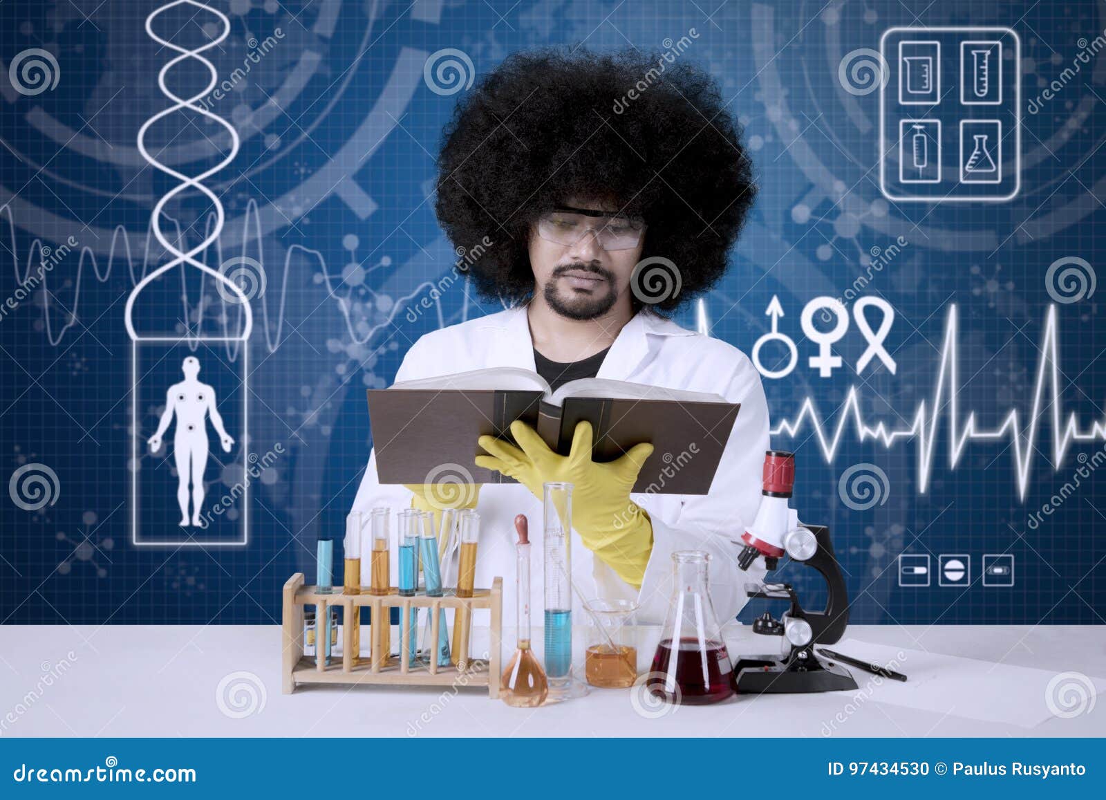 Young Male Scientist Reading a Book Stock Photo - Image of glove ...