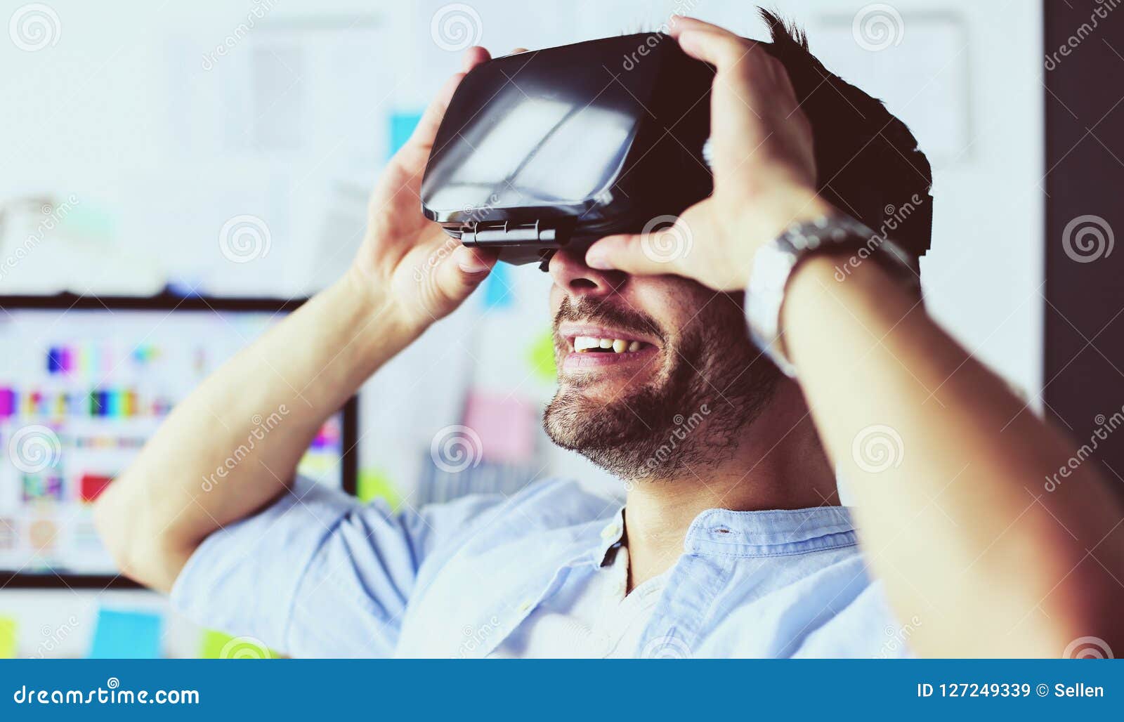 Young Male Software Programmer Testing a New App with 3d Virtual ...