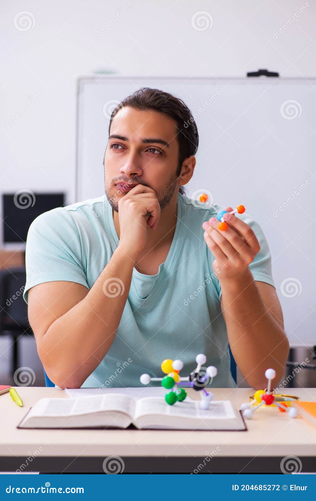 Young Male Student Physicist Studying Molecular Model at Home Stock ...