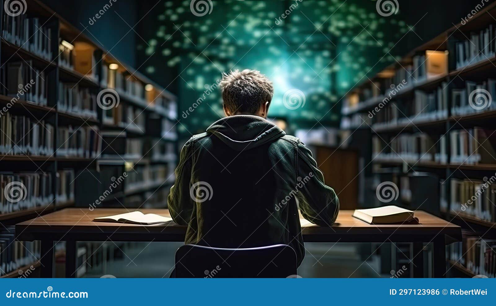 Young Male Student Sit at Table in Library and Study at Night Stock ...