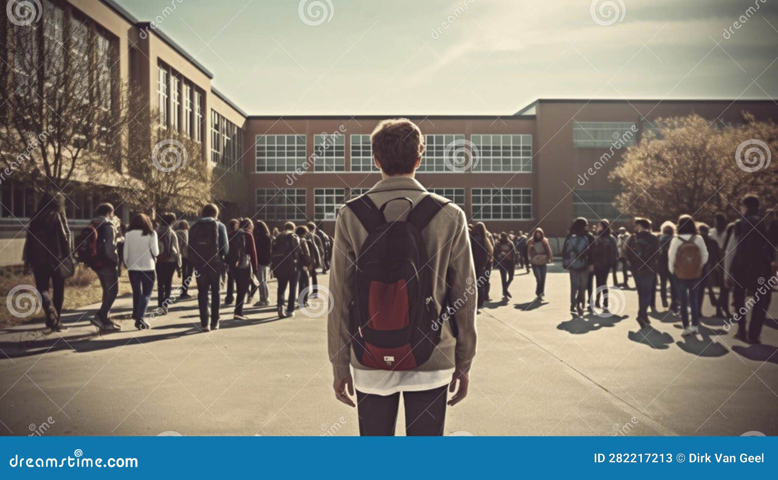 Young Male Student Standing in Front of a High School Building, Other ...