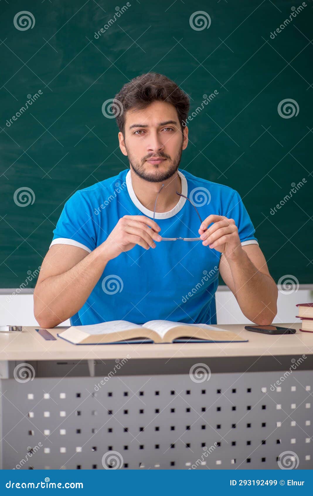 Young Male Teacher Student in Front of Green Board Stock Image - Image of blackboard, classroom ...