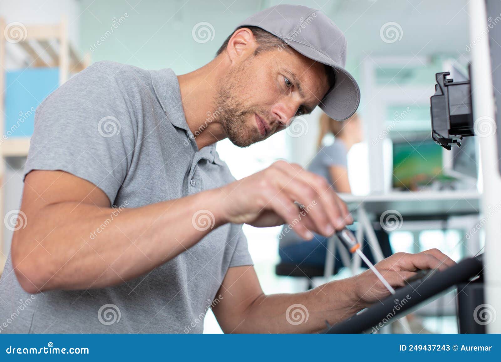 Young Male Technician Repairing Printer at Office Stock Image - Image ...