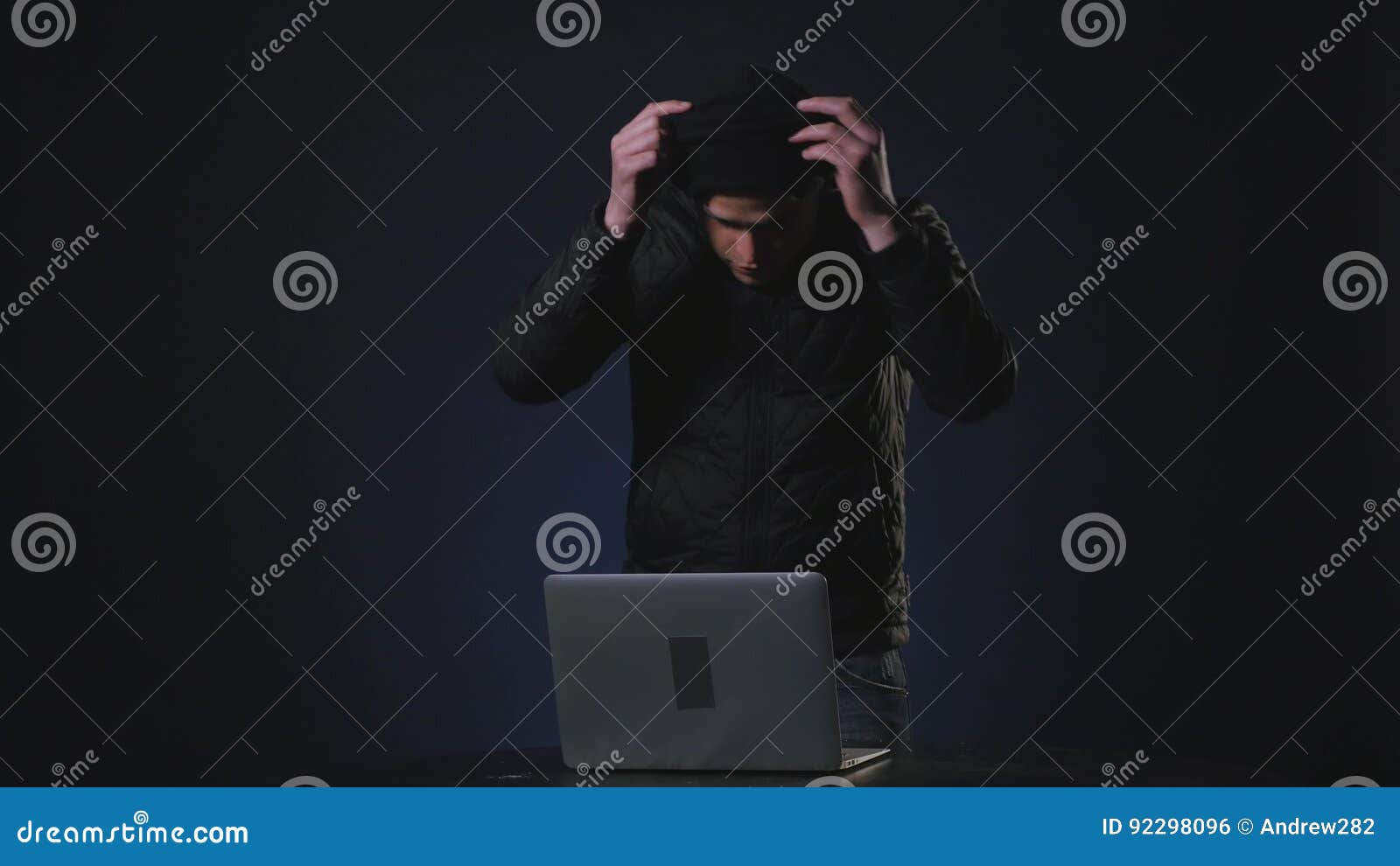 Young Male Thief Stealing Data from Computer Stock Photo - Image of ...