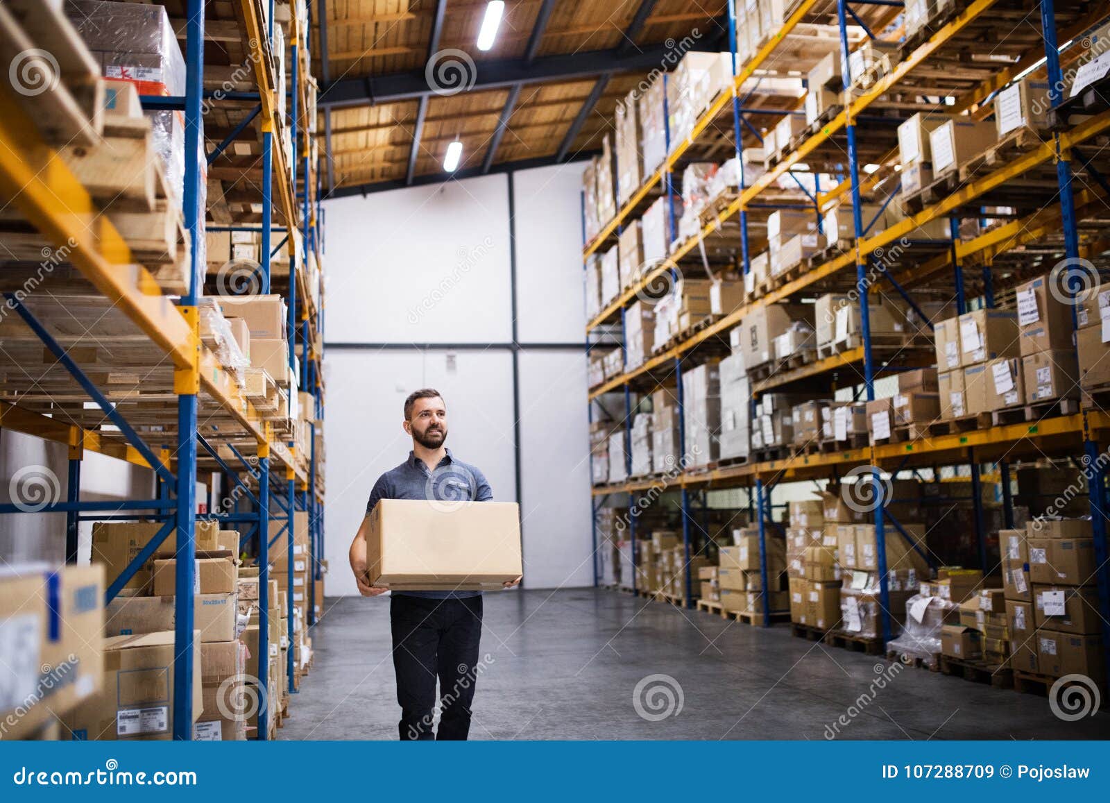 Male Warehouse Worker with a Large Box. Stock Image - Image of load ...
