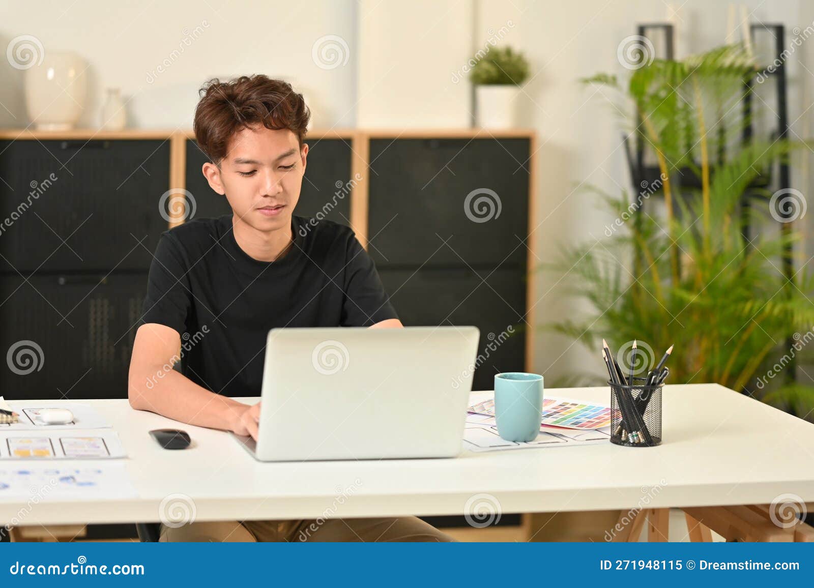 Young Male Web Developer Planning Application Template Layout Framework ...