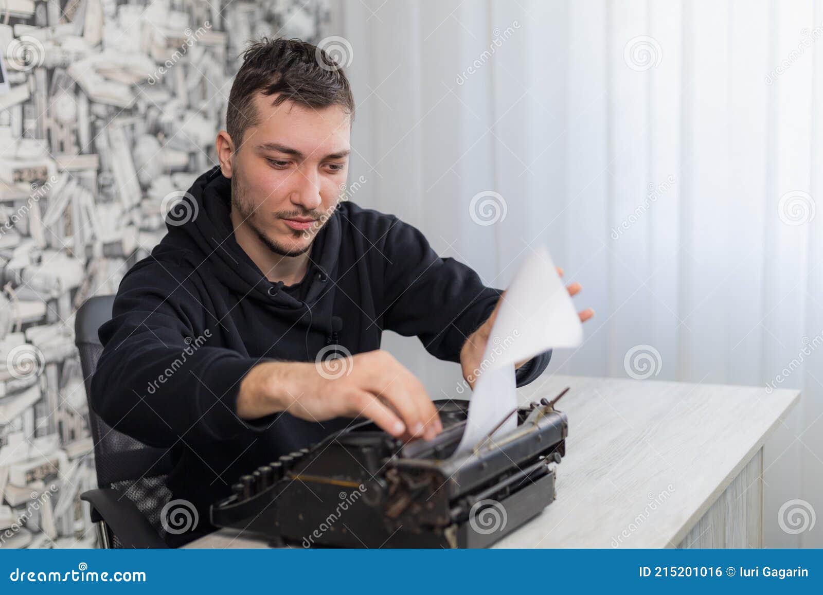 Young Man or Adult Guy with Typewriter Stock Photo - Image of portrait ...