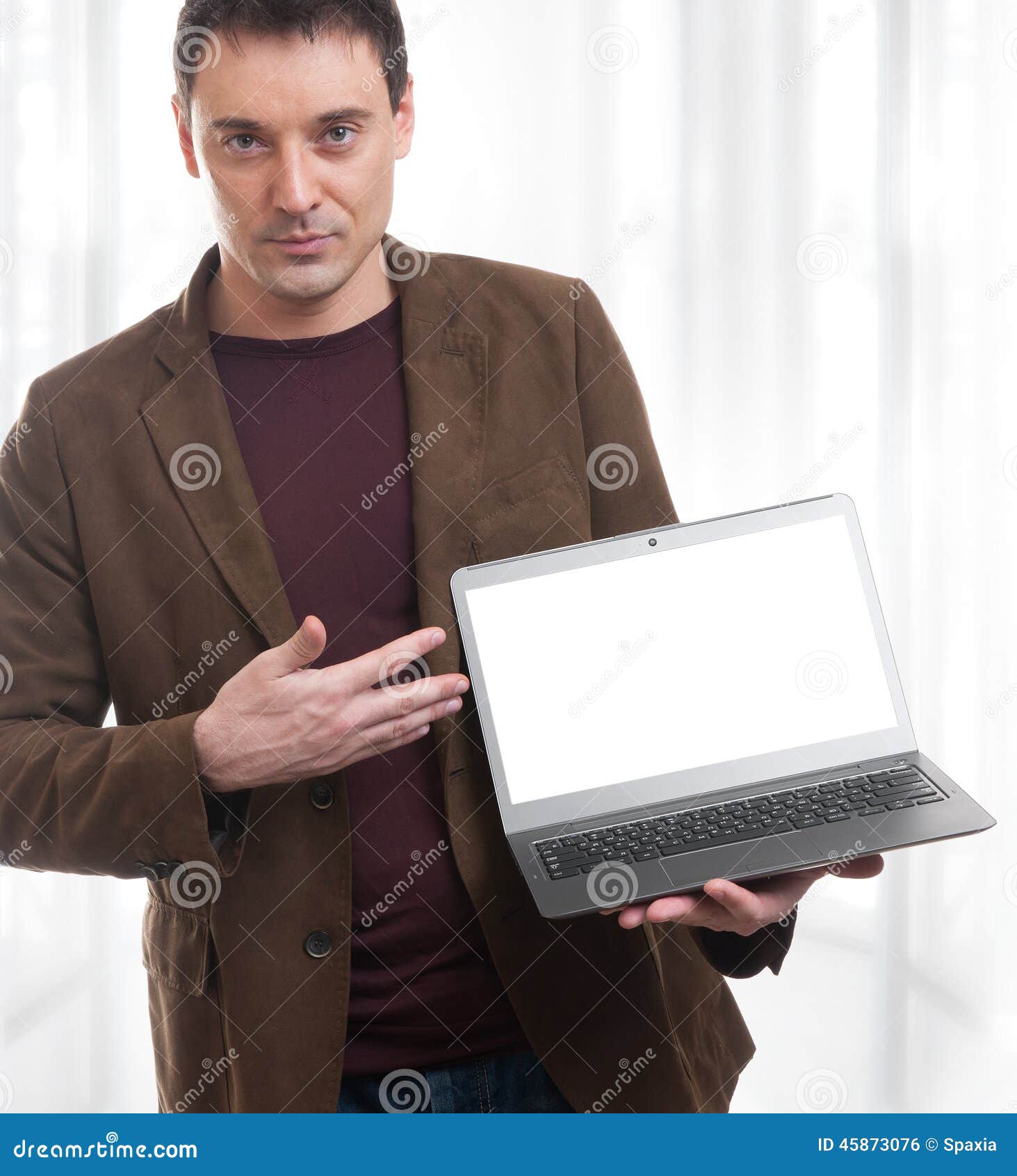 Young Man Advertising Laptop Stock Photo - Image of white, casual: 45873076