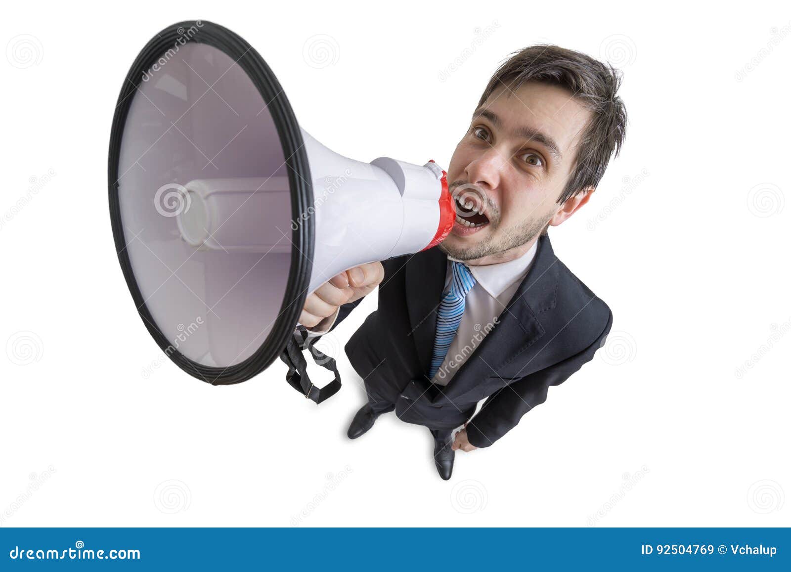 Young Man is Announcing a Message with Megaphone. View from Above Stock ...