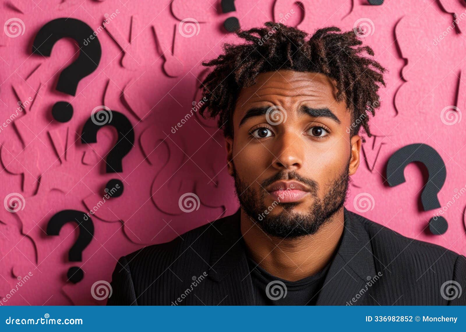A Young Man Appears Puzzled, Surrounded by Bright Pink and Floating ...