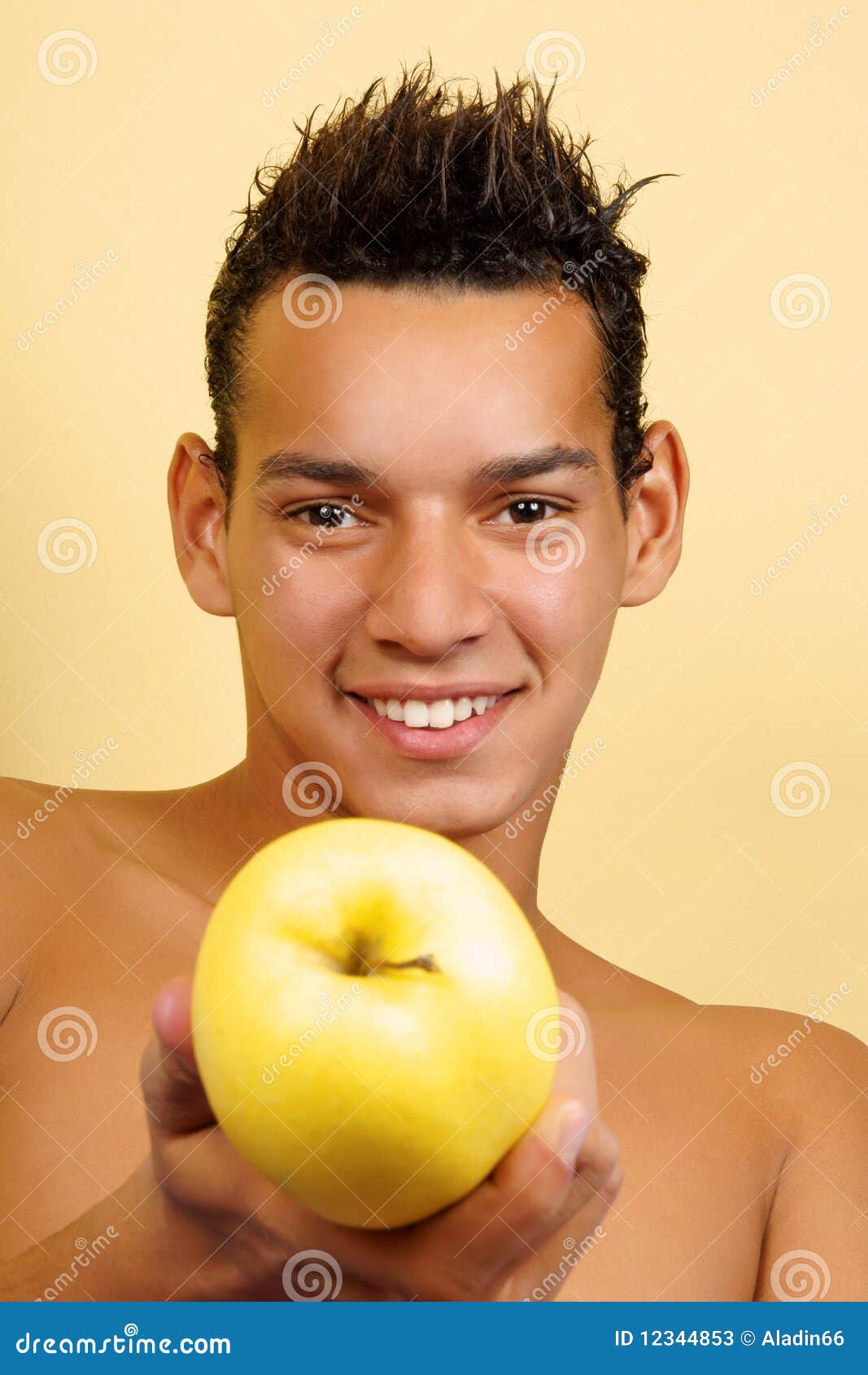 Young man with apple stock image. Image of male, muscle - 12344853