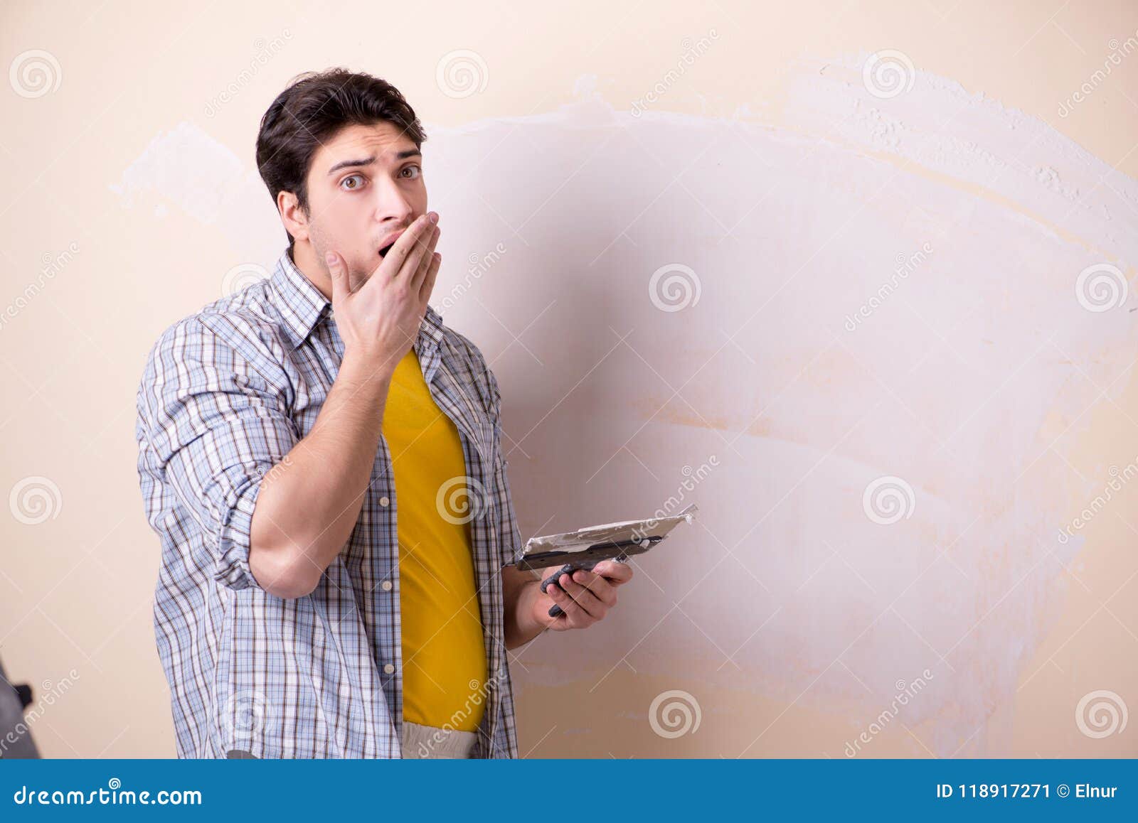 The Young Man Applying Plaster on Wall at Home Stock Image - Image of ...