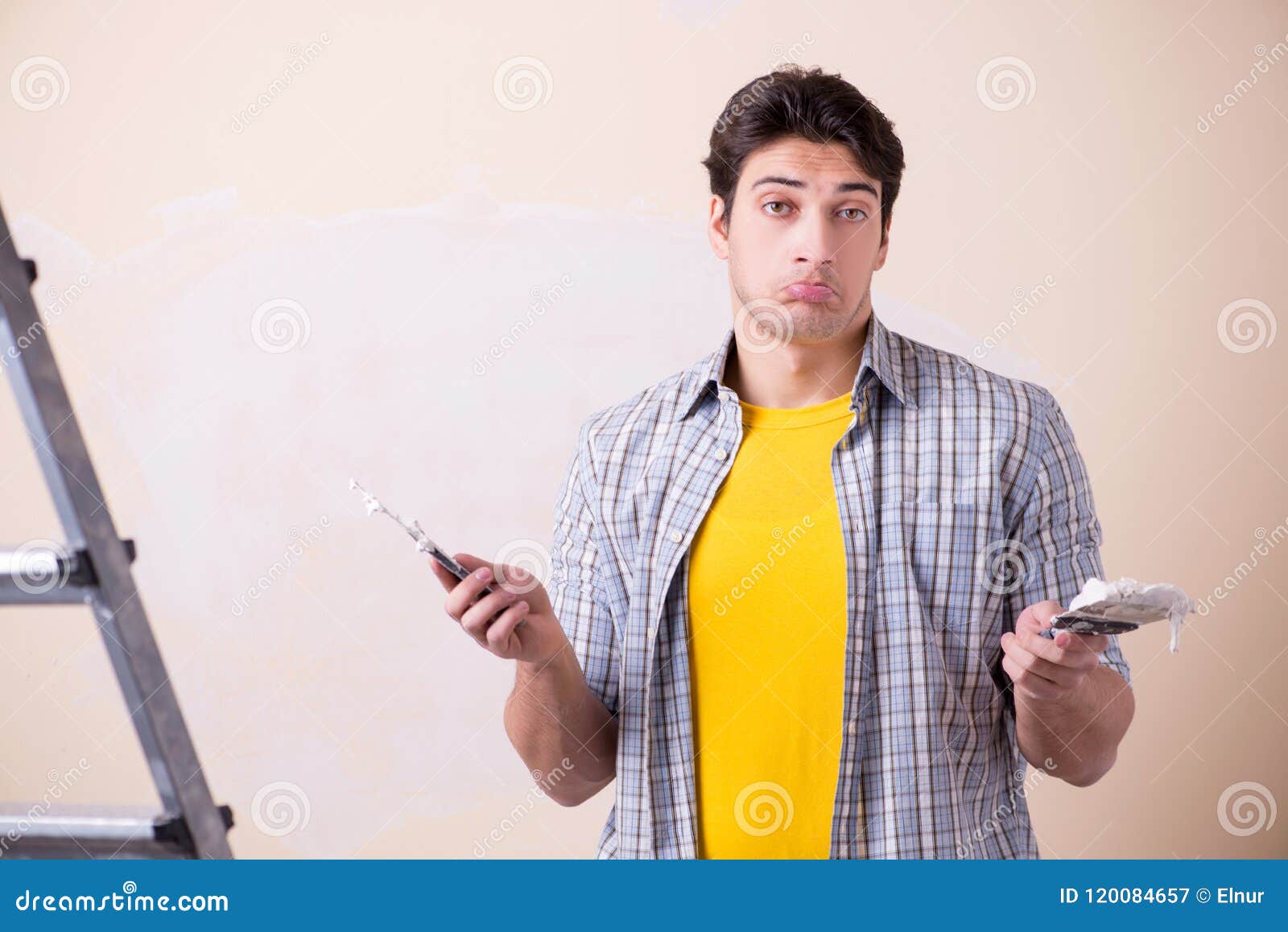 The Young Man Applying Plaster on Wall at Home Stock Image - Image of ...