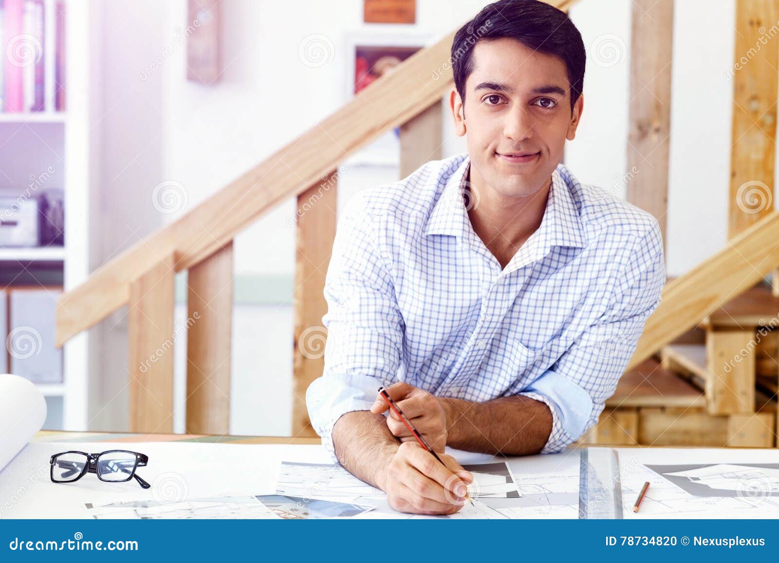 Young Man Architect in Office Stock Photo - Image of blueprint ...