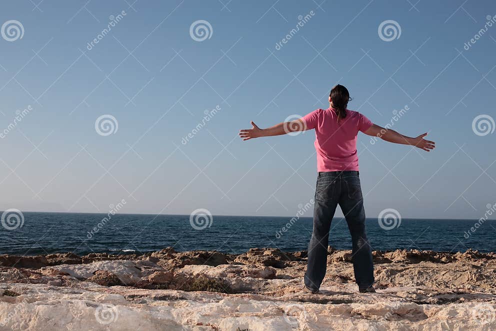 Young Man with Arms Outstretch Stock Image - Image of stretching, pink ...