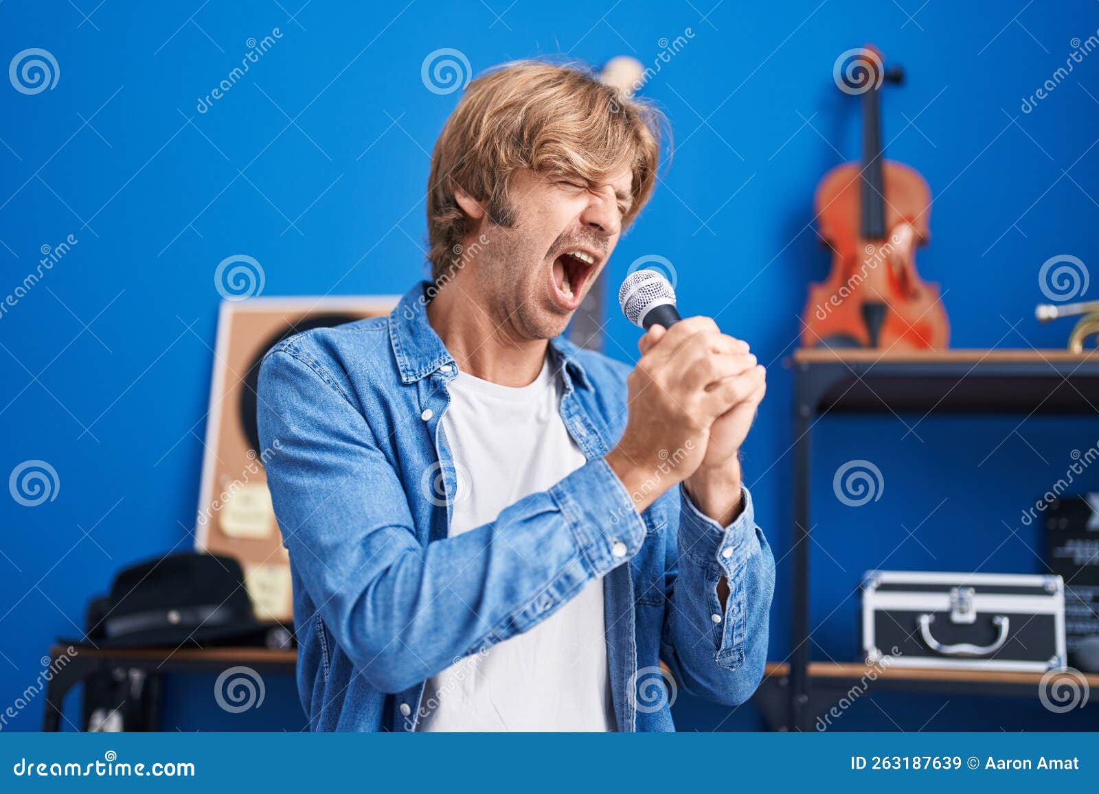 Young Man Artist Singing Song at Music Studio Stock Image - Image of ...