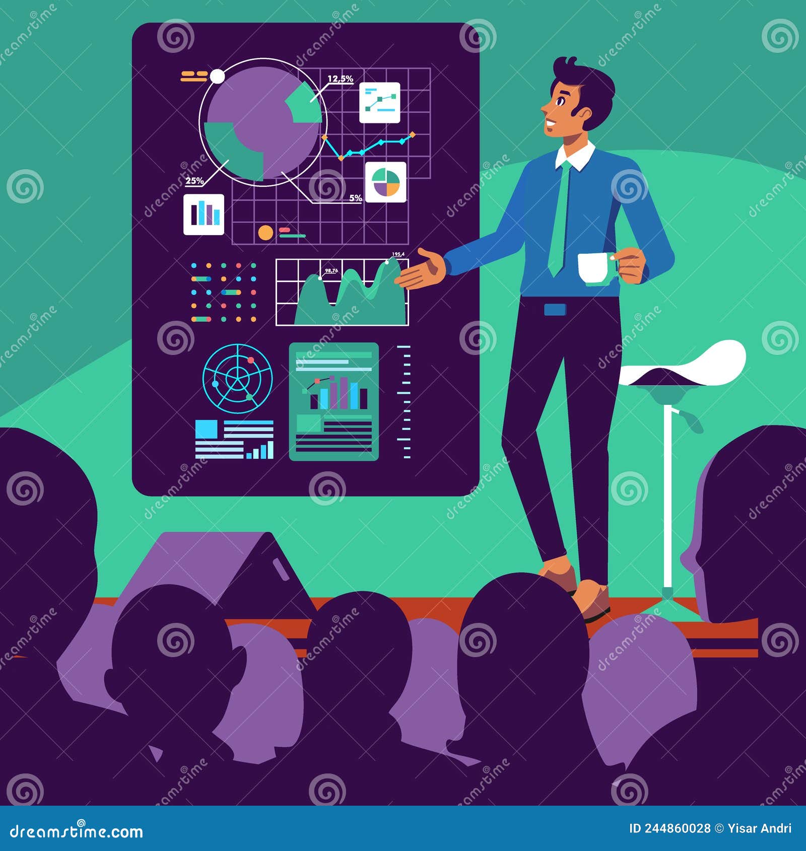 Young Man As a Speaker, Giving Presentation on Stage in Front of People ...