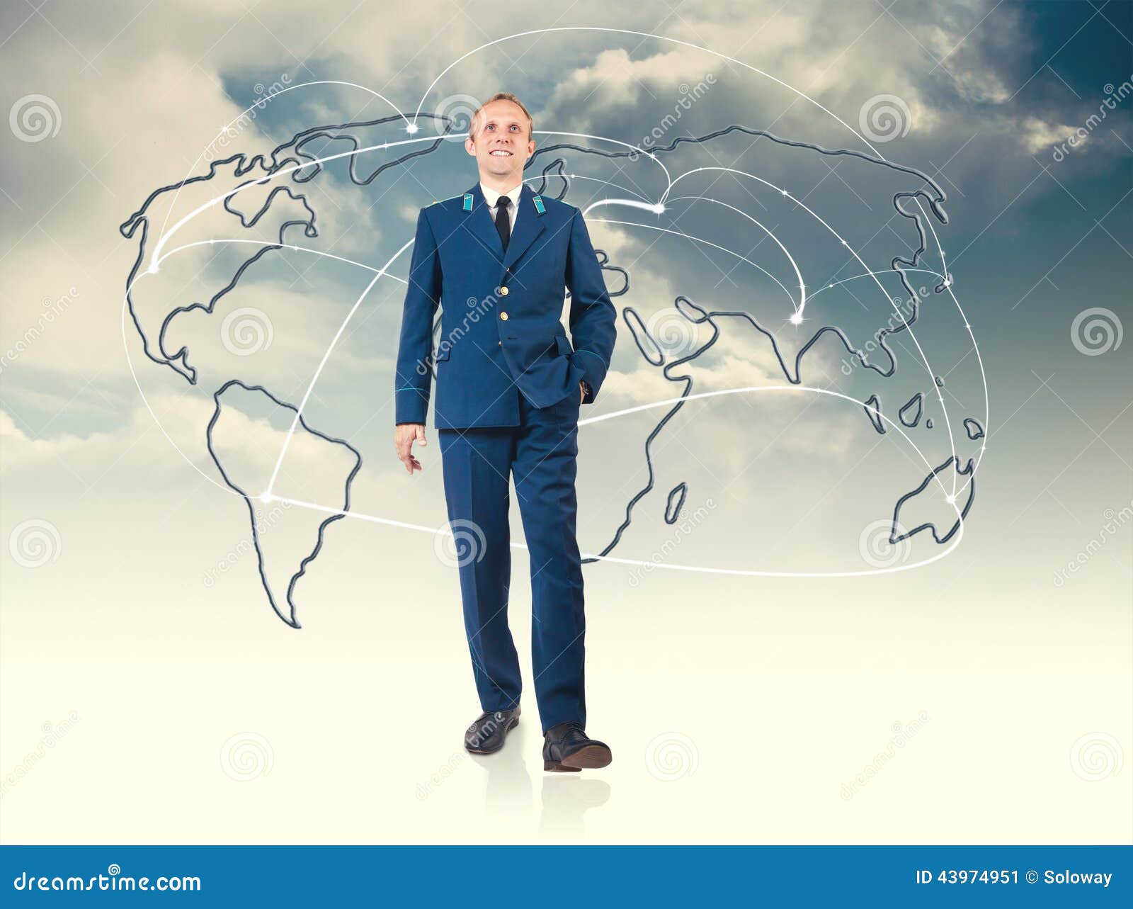 Young Man in Aviation Uniform Over Blue Sky Background Stock Image ...