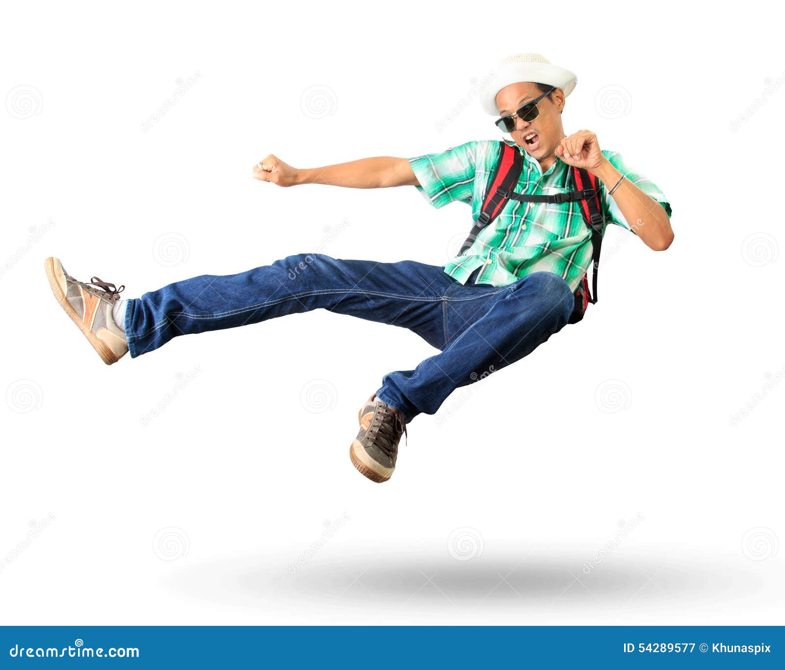 Young Man with Back Pack Sky Kick Jumping Action Isolated White Stock ...