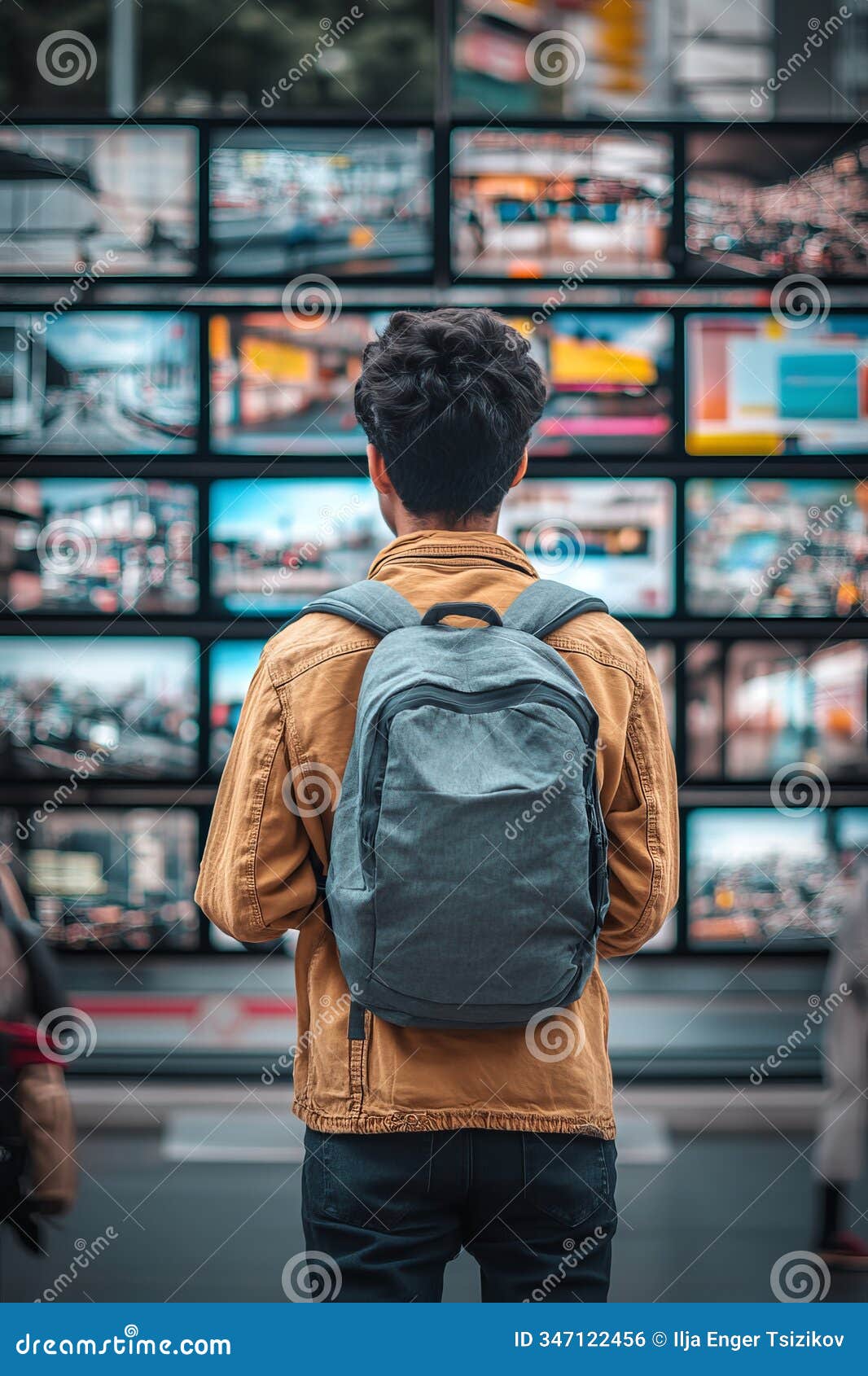 Young Man with Backpack Observing Array of Screens Showing Diverse ...