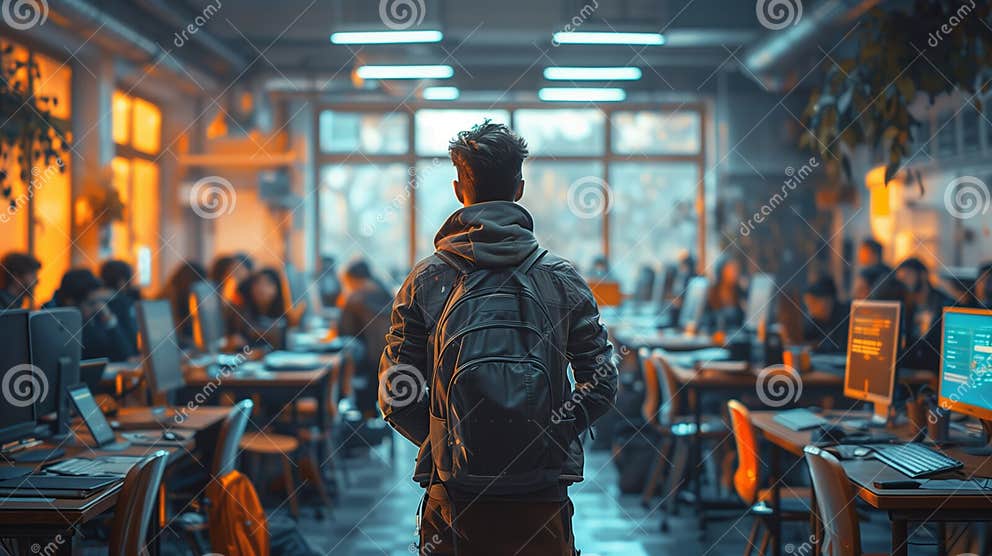 Young Man Walking Away from a Crowded Computer Lab Stock Illustration ...