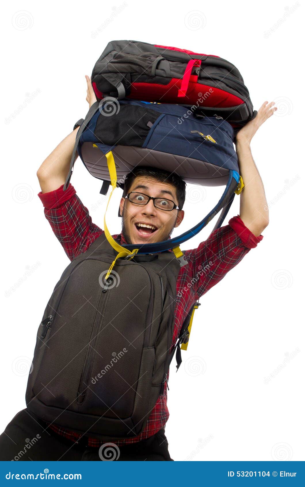 Young Man with Bags Isolated on White Stock Photo - Image of black ...