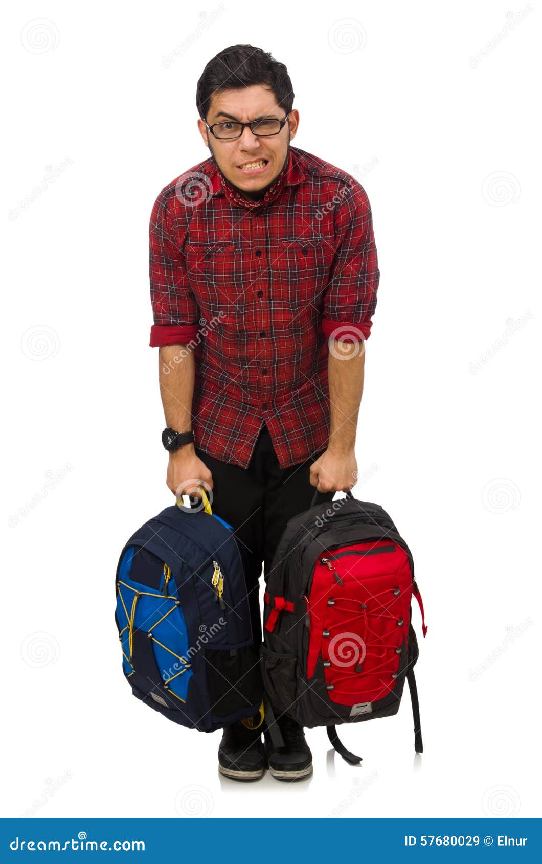 Young Man with Bags Isolated on White Stock Image - Image of spectacles ...