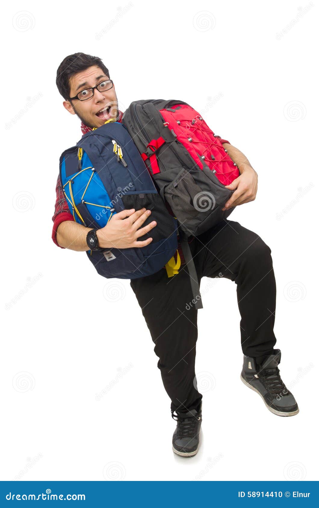 Young Man with Bags Isolated on White Stock Photo - Image of funny ...