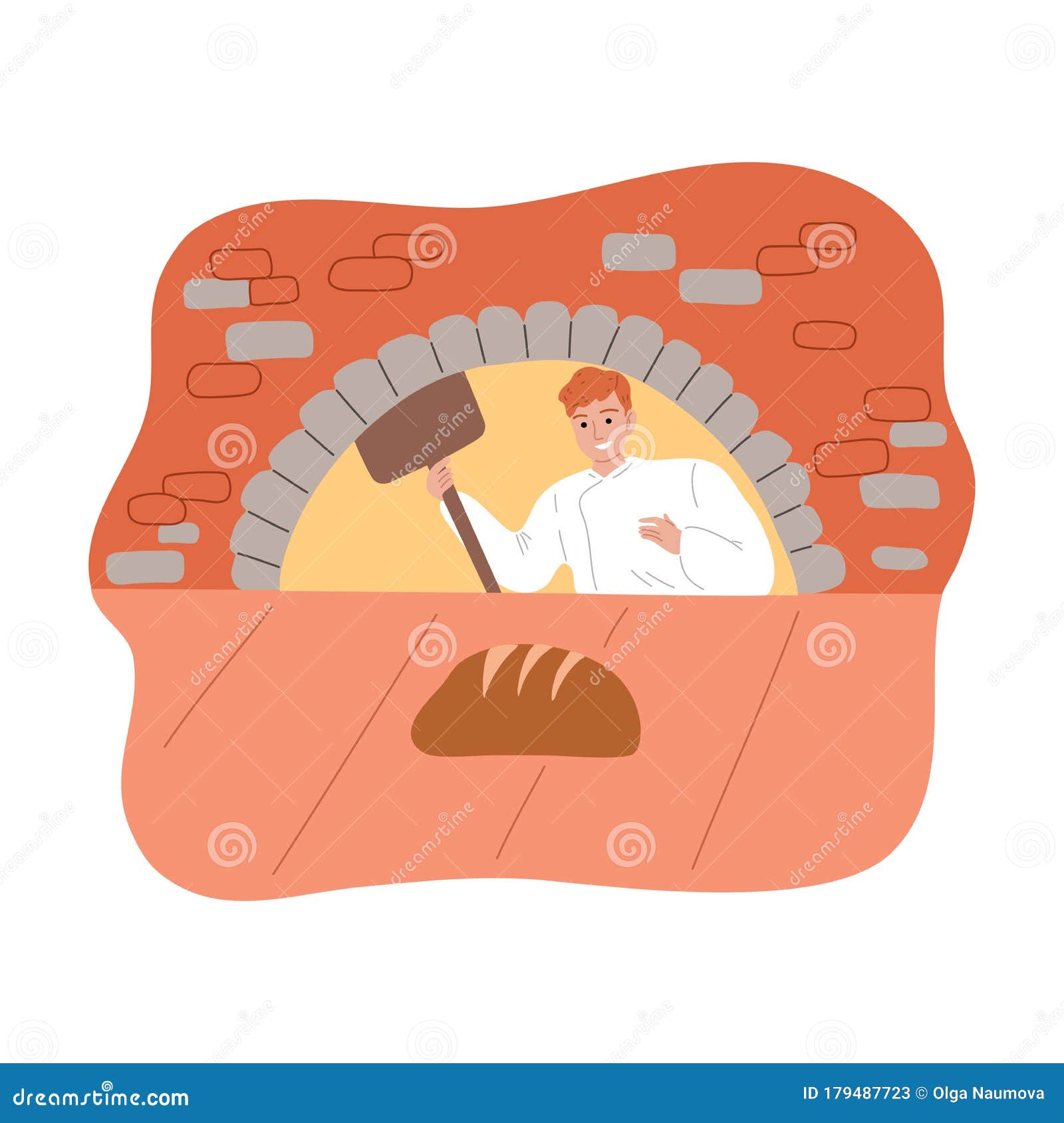 Baker Baking Bread In Bakery Wood Fired Oven, Vector Flat Illustration ...