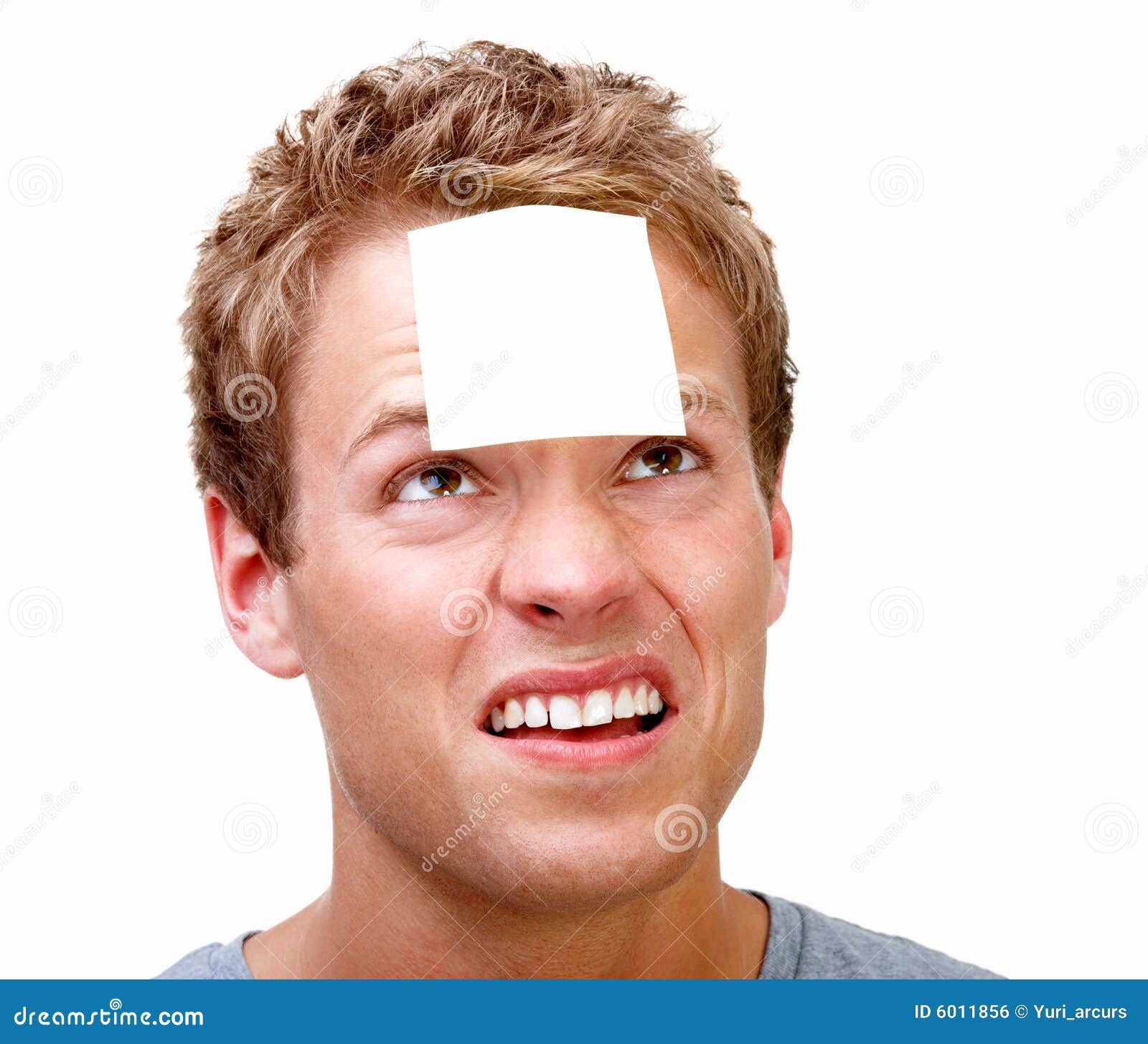 Young Man Balancing White Blank Card On Forehead Stock Photo - Image of ...
