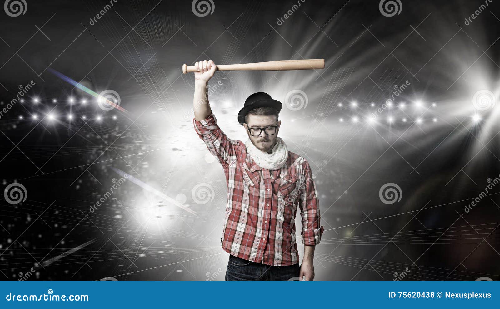 Young Man with Bat . Mixed Media Stock Photo - Image of glasses, shirt ...