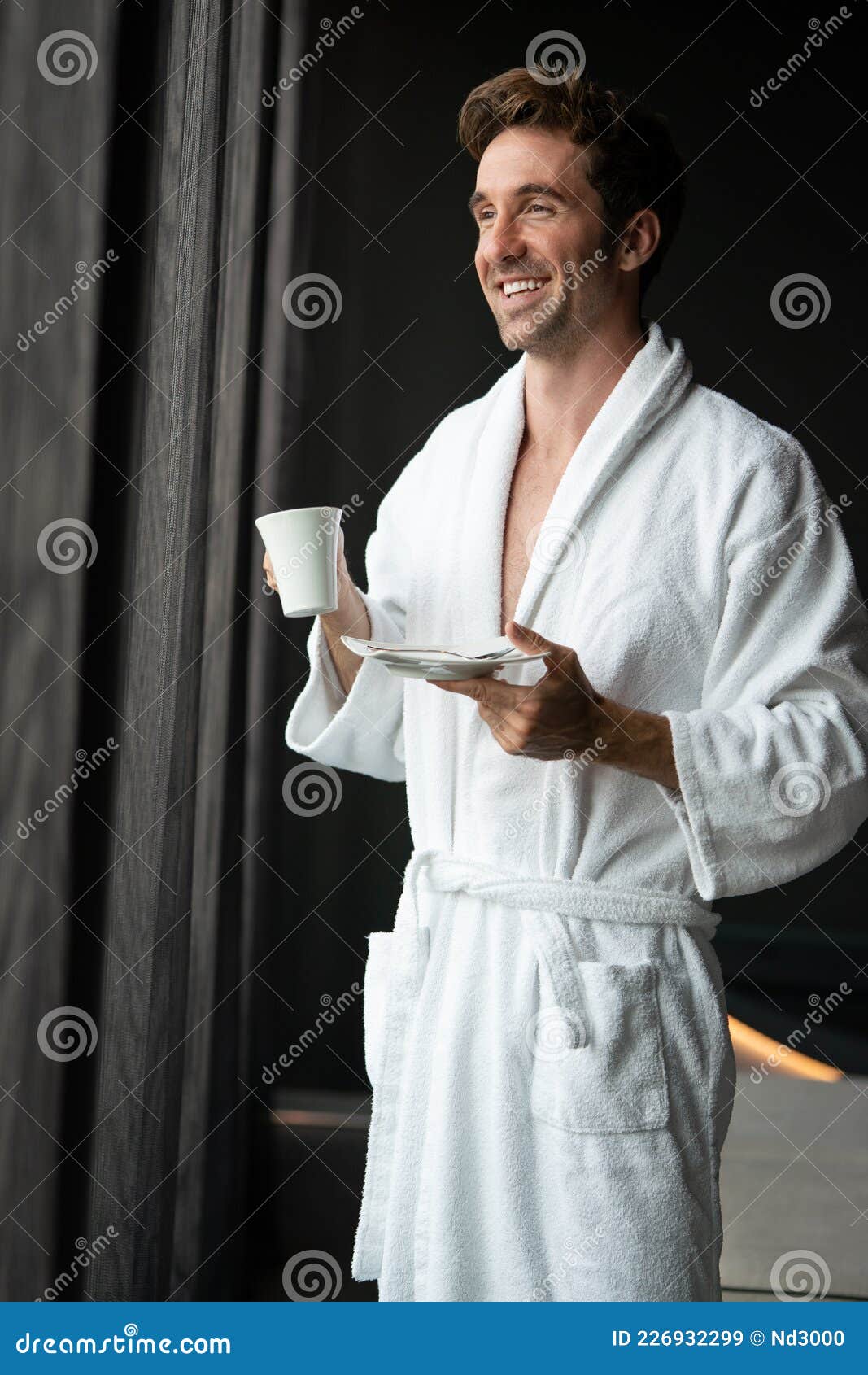 Young Man in Bathrobe Drinking Coffee at Home Stock Image - Image of ...