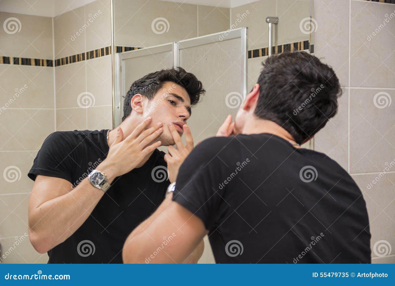 Young Man in Bathroom Squeezing a Spot Stock Image - Image of care ...
