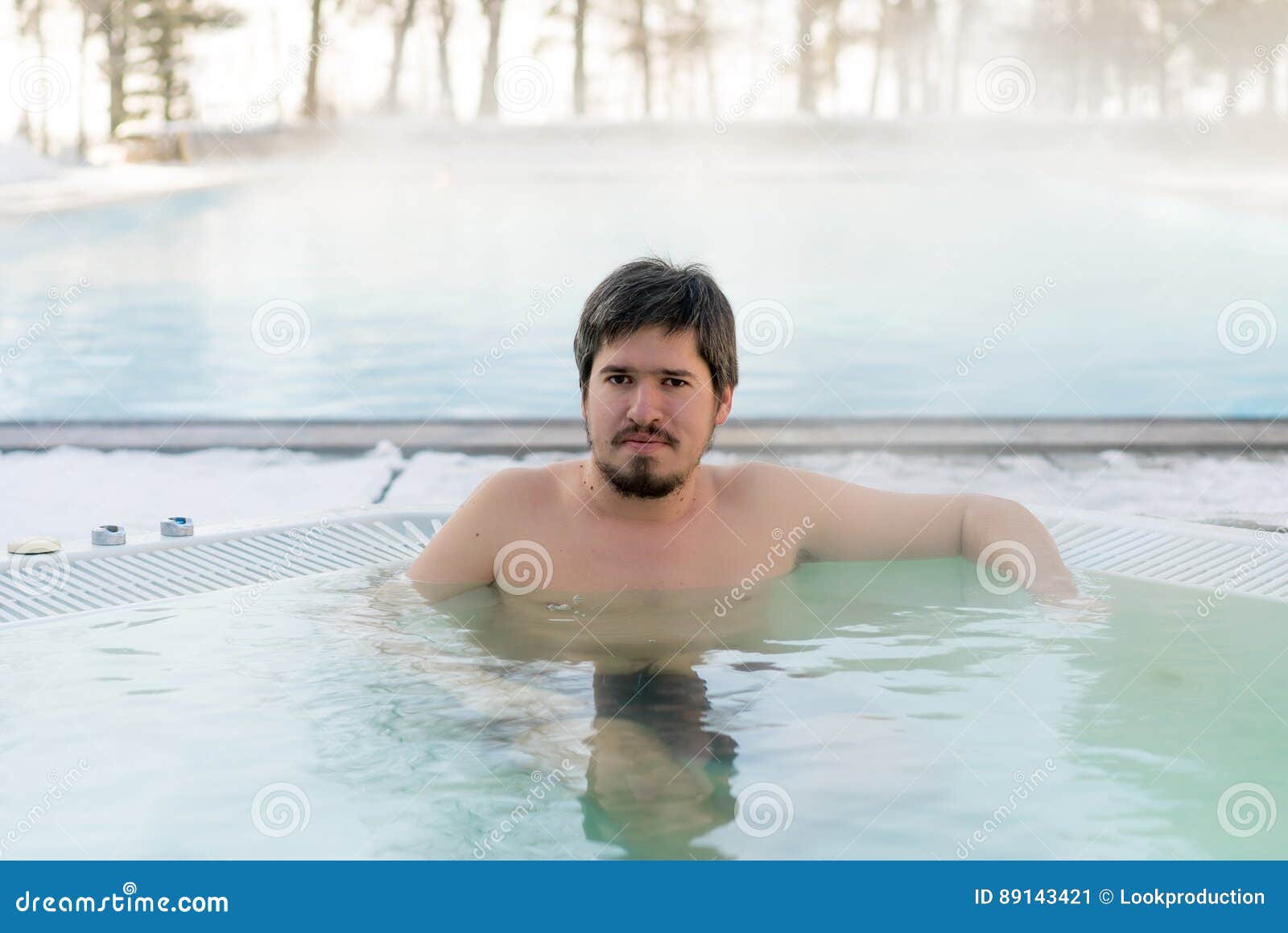 Young Man in Bathtub Jacuzzi Outdoors at Winter Stock Image - Image of ...