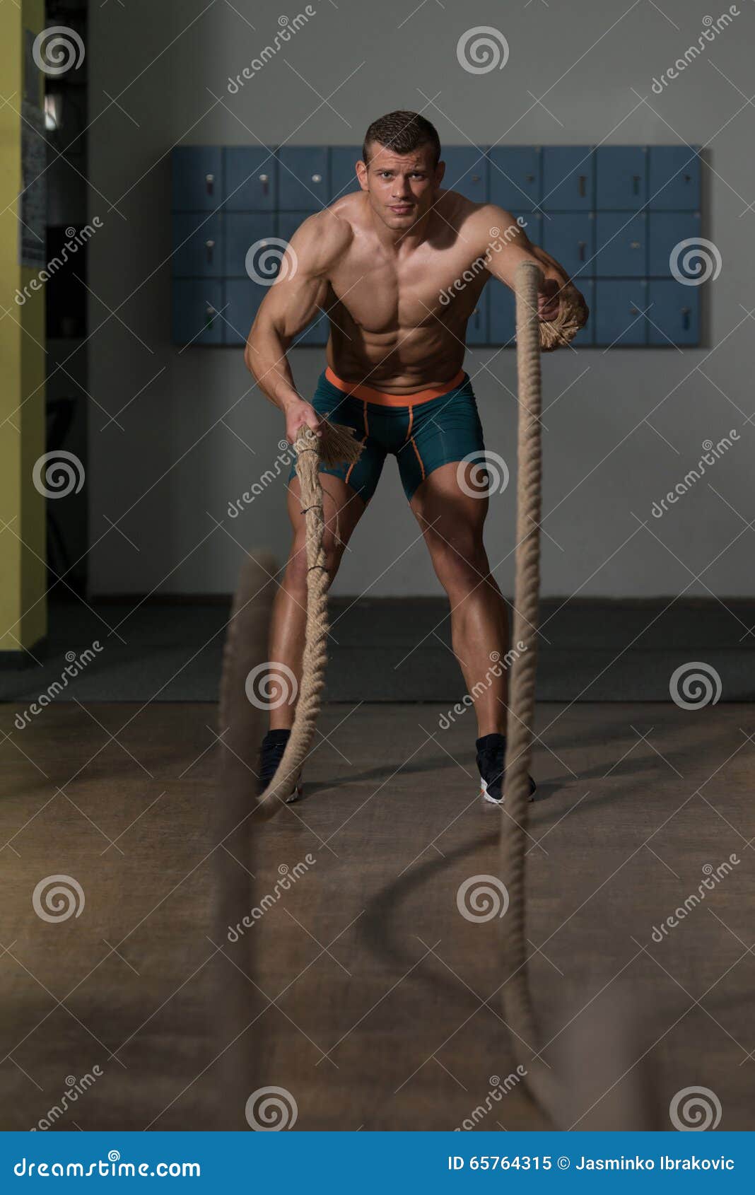Young Man Battling Ropes at Gym Workout Exercise Stock Image - Image of ...