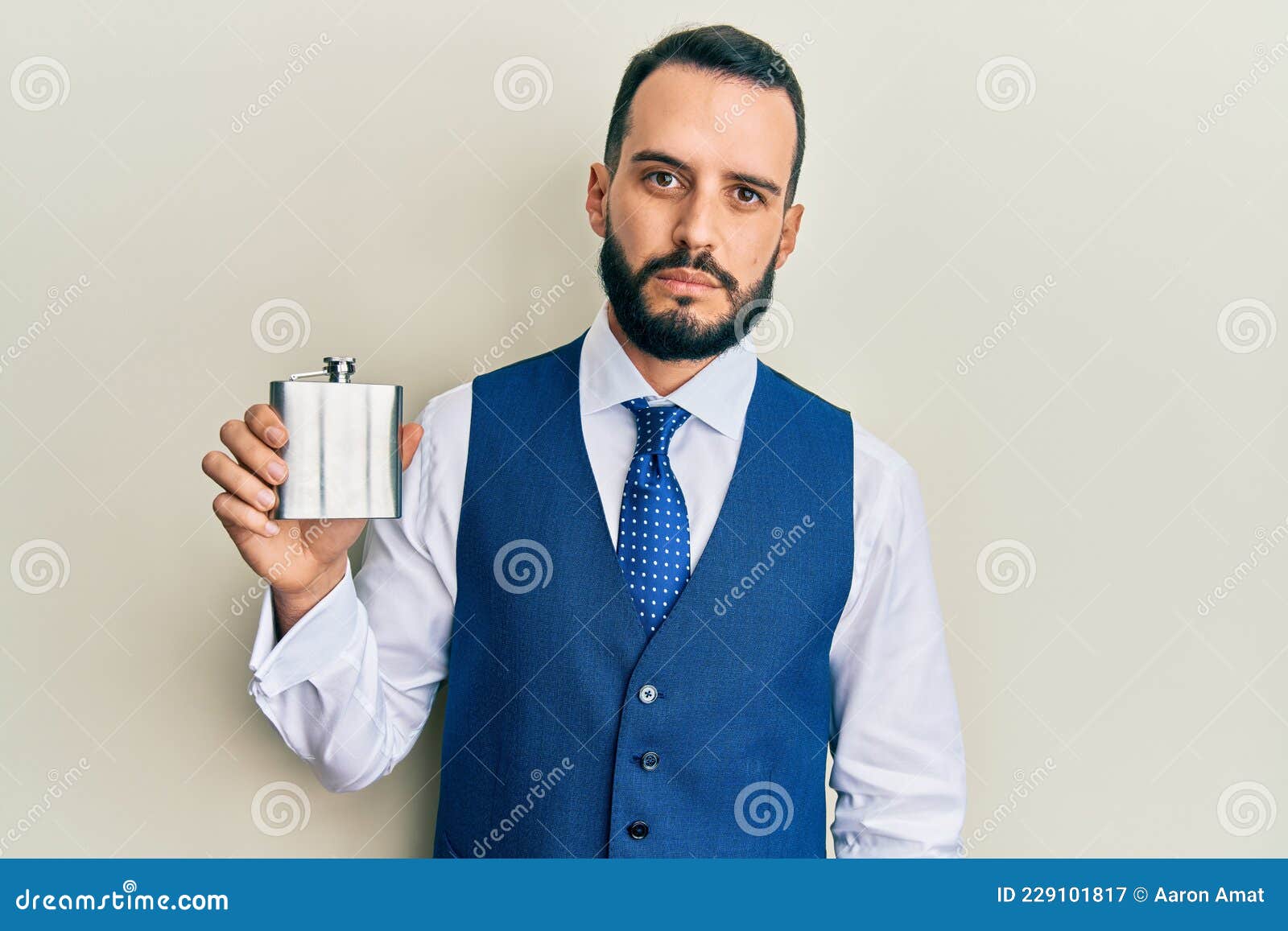 Young Man with Beard Drinking Whiskey from Flask Thinking Attitude and ...