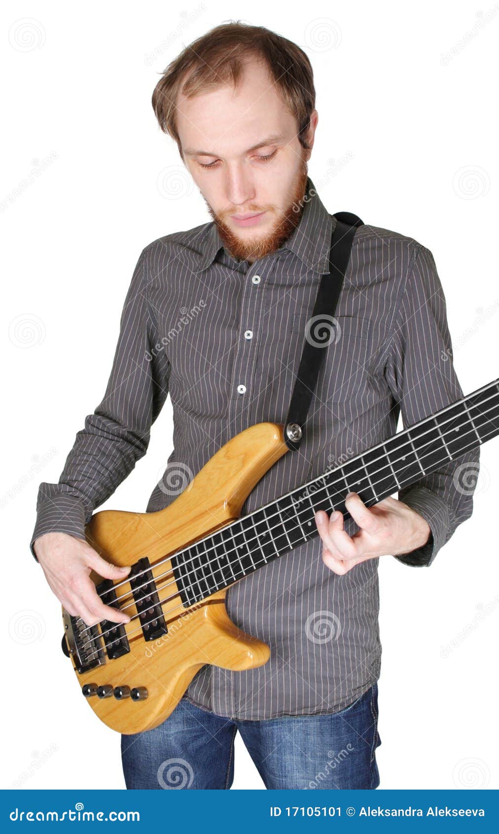 Young Man with Beard Playing Bass Guitar Stock Image - Image of grey ...