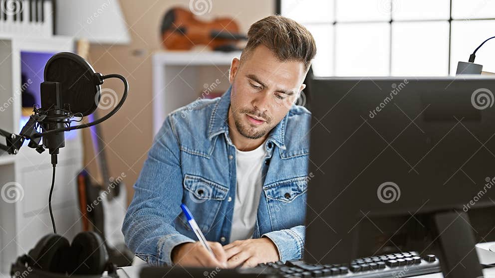 A Young Man with a Beard Working in a Music Studio, Writing Notes in ...