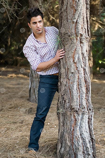 Young man behind a tree stock image. Image of country - 6132323